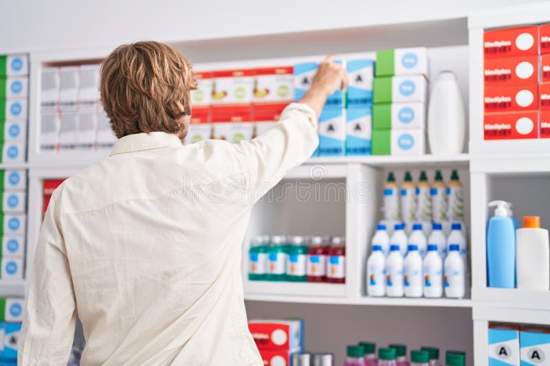Young Man Customer Standing on Back View at Pharmacy Stock Image ...