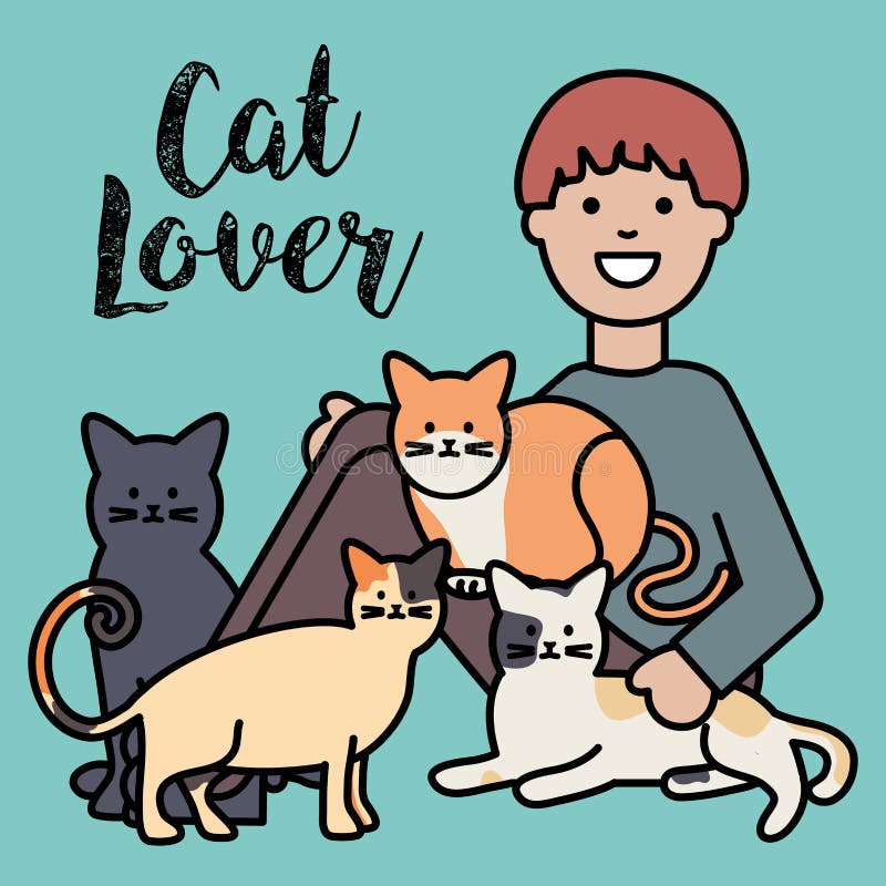 Young Man with Cute Cats Mascots Stock Vector - Illustration of male ...