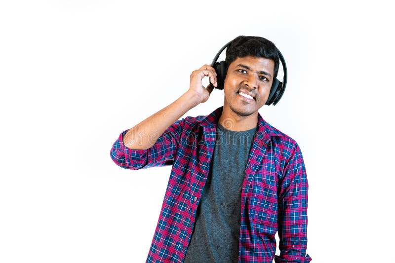 Young Man Dancing with Headphones, Plain Background Stock Image - Image ...