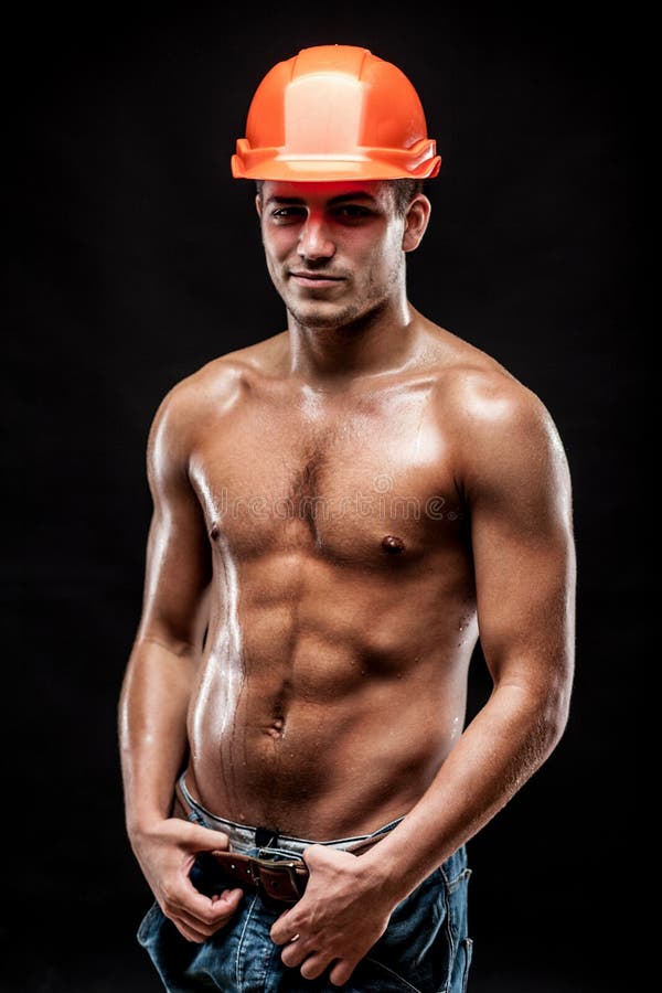 Handsome Muscular Construction Worker Shirtless Outdoor Stock Image