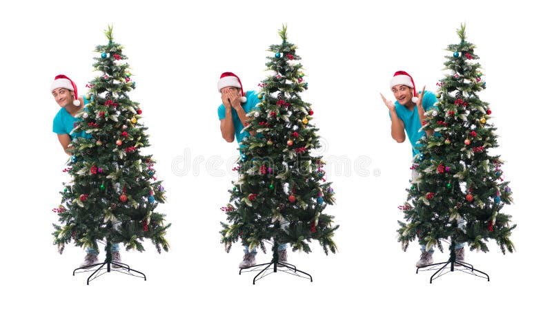 The Young Man Decorating Christmas Tree Isolated on White Stock Photo ...