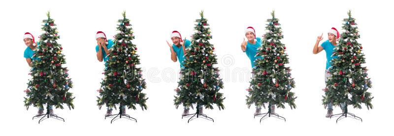 The Young Man Decorating Christmas Tree Isolated on White Stock Photo ...