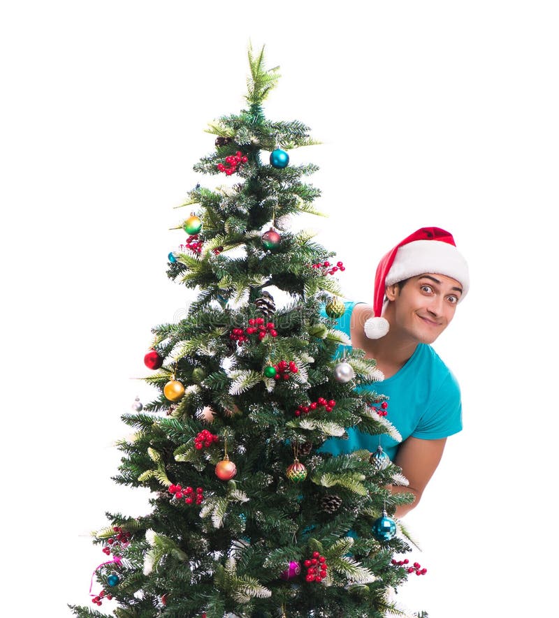 Young Man Decorating Christmas Tree Isolated on White Stock Image ...