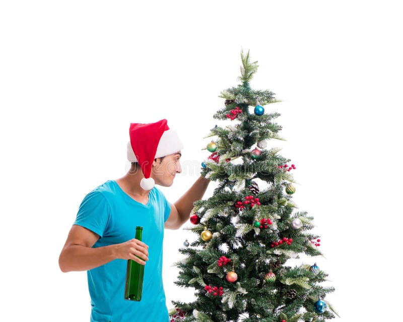 Young Man Decorating Christmas Tree Isolated On White Stock Image Image Of Festive Champagne