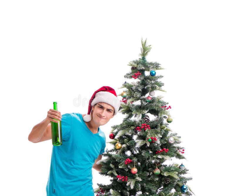 Young Man Decorating Christmas Tree Isolated on White Stock Photo ...