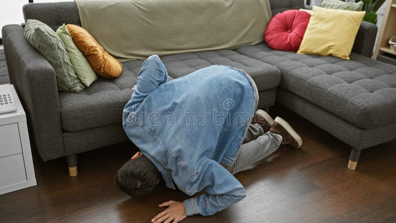Young Man in Denim Searching Under Couch in Modern Living Room Interior ...