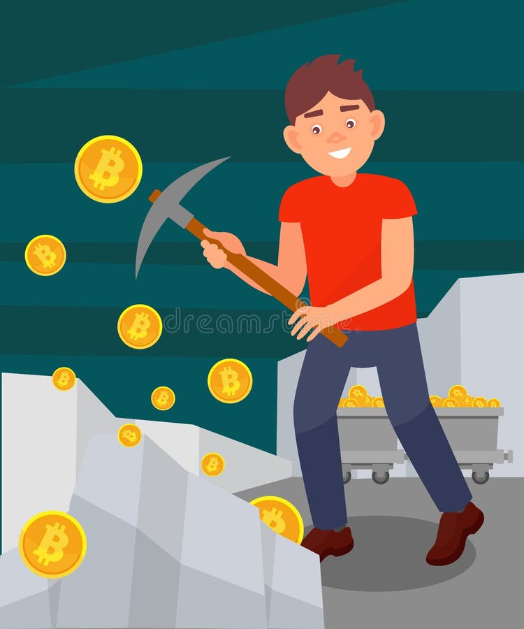 Young Man Digging Coins from Rock with Pickaxe, Man Mining Bitcoins ...
