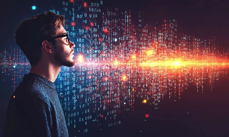 Young Man Digitally Speaking, Binary Code Background, Data ...