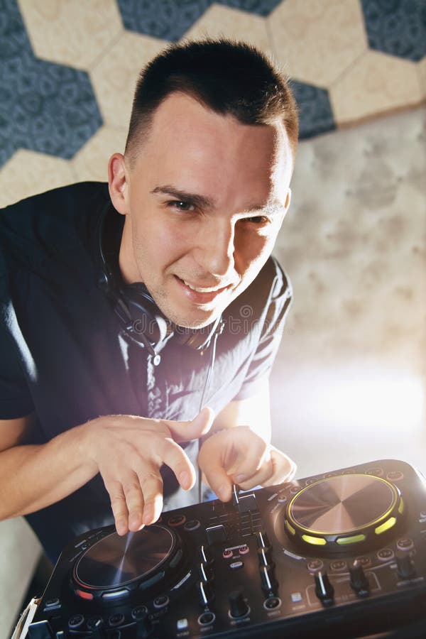 Young Man DJ with Mixer is Working Stock Photo - Image of musician ...