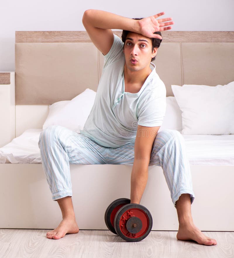 Young Man Doing Morning Routine in Bedroom Stock Image - Image of body ...