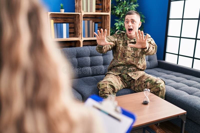 Young Man Doing Therapy after War Doing Stop Gesture with Hands Palms ...