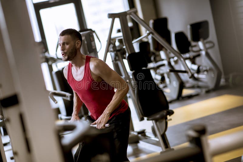 Young Man Doing Workouts for a Back with Power Exercise Machine in a ...