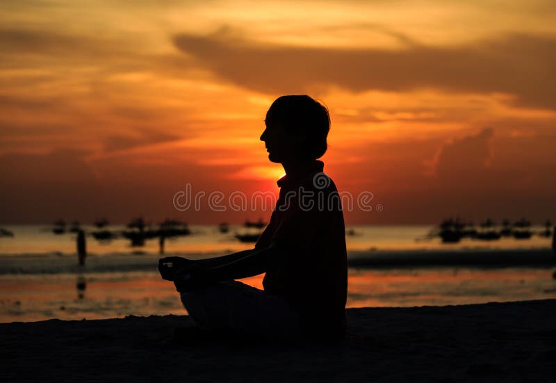Young Man Doing Yoga on Sunset Beach Stock Image - Image of ocean ...