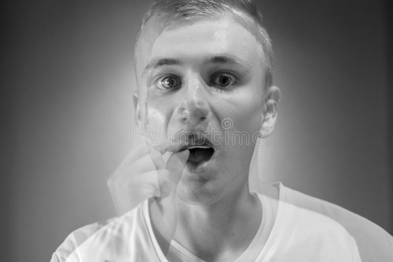 Young Man with Double Exposure Effect in Black and White Stock Photo ...