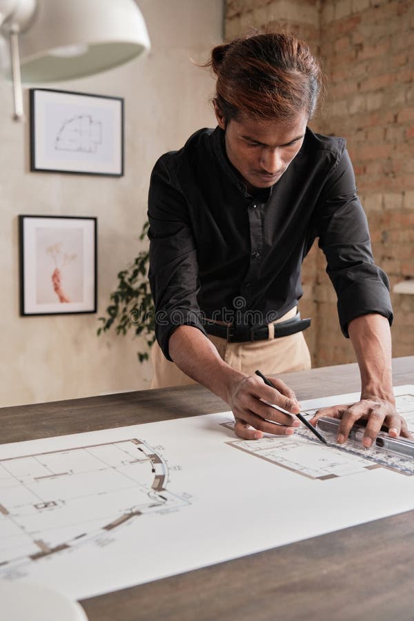 Young Man Drafting House Plan Stock Image - Image of concentration ...