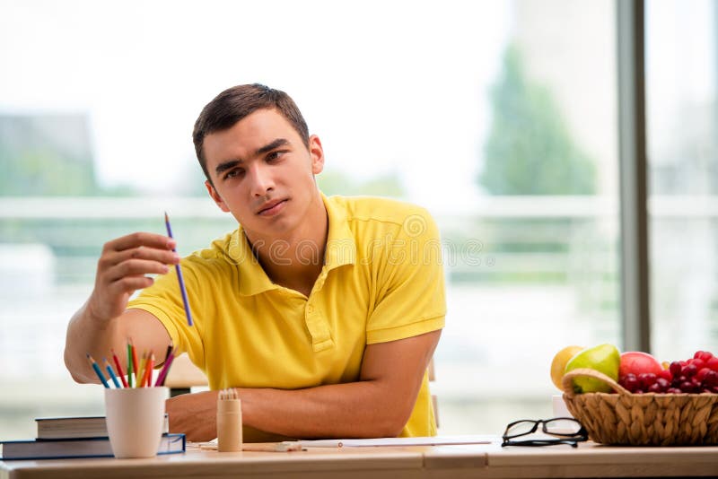 The Young Man Drawing Pictures in Studio Stock Image - Image of hobby ...