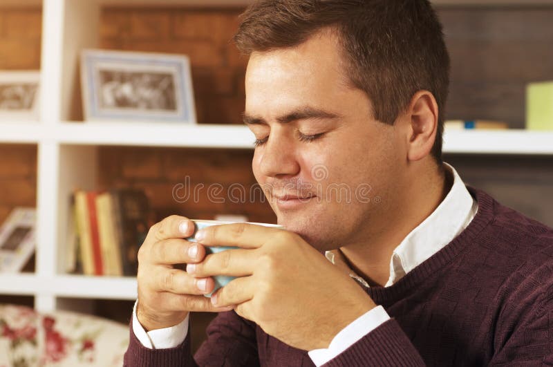 Young Man Drink Coffee, Tea or Chocolate Stock Photo - Image of ...