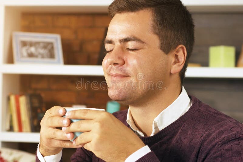 Young Man Drink Coffee, Tea or Chocolate Stock Image - Image of ...