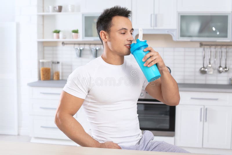 Young Man Drinking Protein Shake Stock Image - Image of male, energy ...