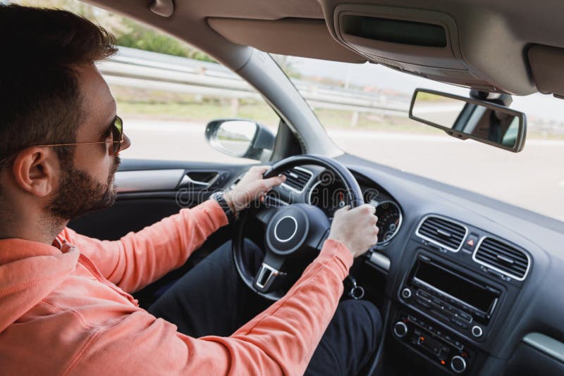 Young Man Driving a Car, Interior Shot Stock Image - Image of dashboard ...