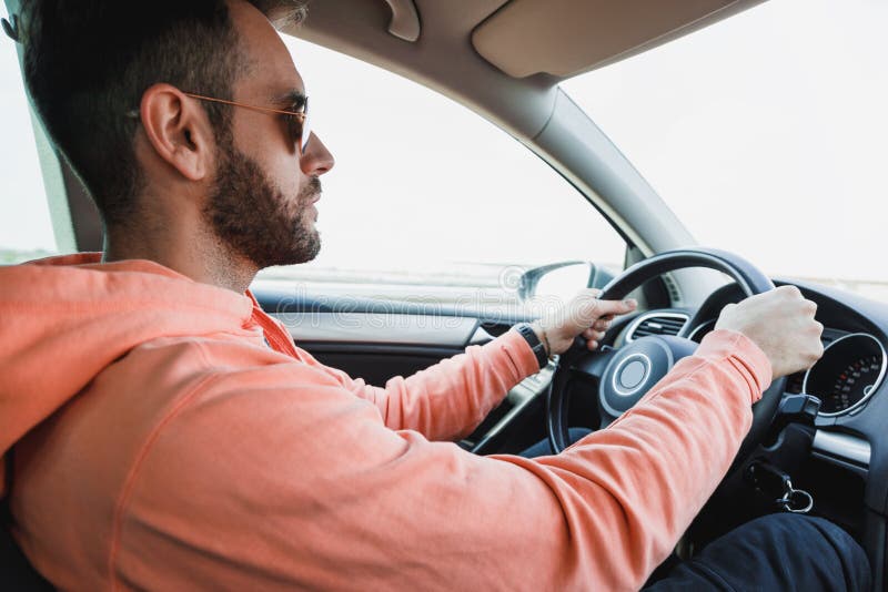 Young Man Driving a Car, Interior Shot Stock Image - Image of ...