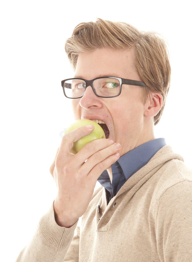Young Man Eating an Apple Isolated Stock Photo - Image of healthy ...