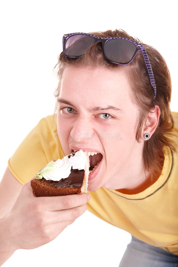 Young Man Eating Chocolate Cake. Stock Photo - Image of dessert ...