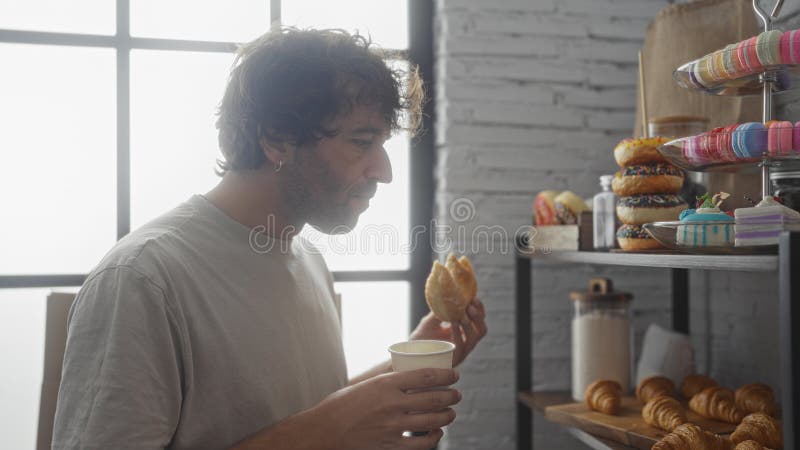 Young Man Eating Pastry and Drinking Coffee Inside a Bakery with ...