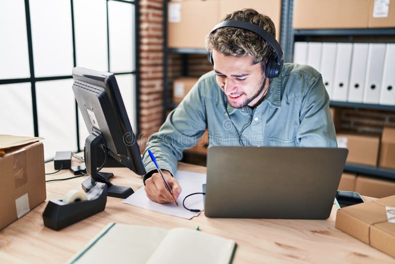 Young Man Ecommerce Business Worker Having Video Call Writing on ...