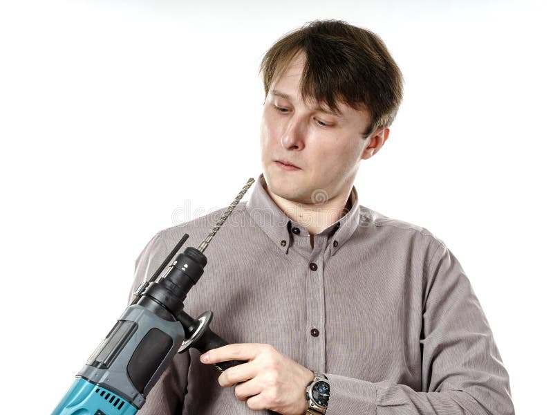 Young Man with Electric Drilling Machine Isolated on White Stock Image ...