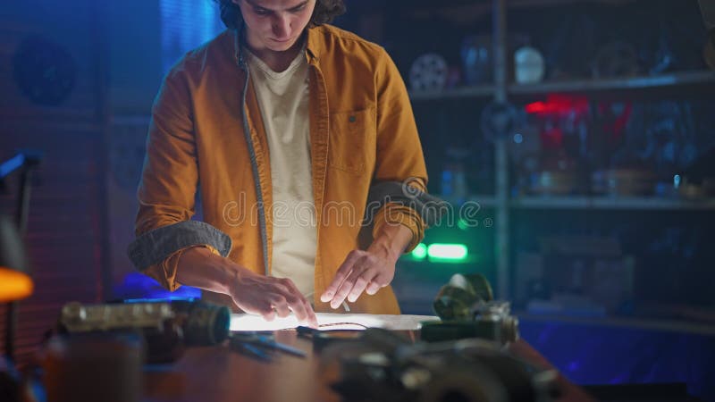Young Man Engaged in Technical Design Work in Workshop Stock Video ...