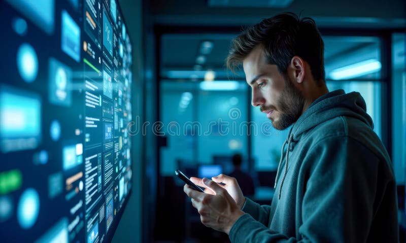 Young Man Engaging with Interactive Digital Data Wall Showing Graphs ...
