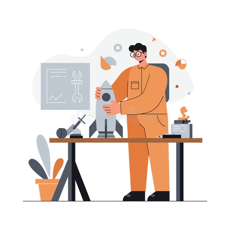 Young Man Engineer Assembling Rocket Prototype in Workshop Flat Design Vector Illustration Stock ...
