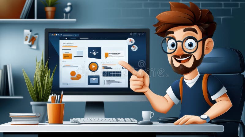 Young Man Presenting Digital Interface Design with Modern Workspace and ...