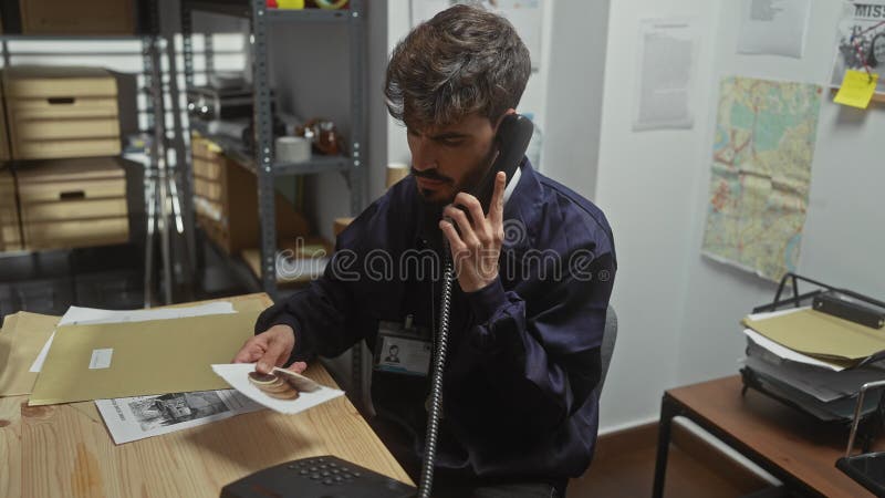 A Young Man Examines Evidence while on the Phone in a Detective S ...