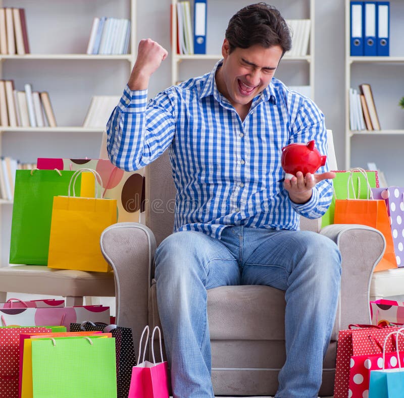 Young Man after Excessive Shopping at Home Stock Photo - Image of sale ...