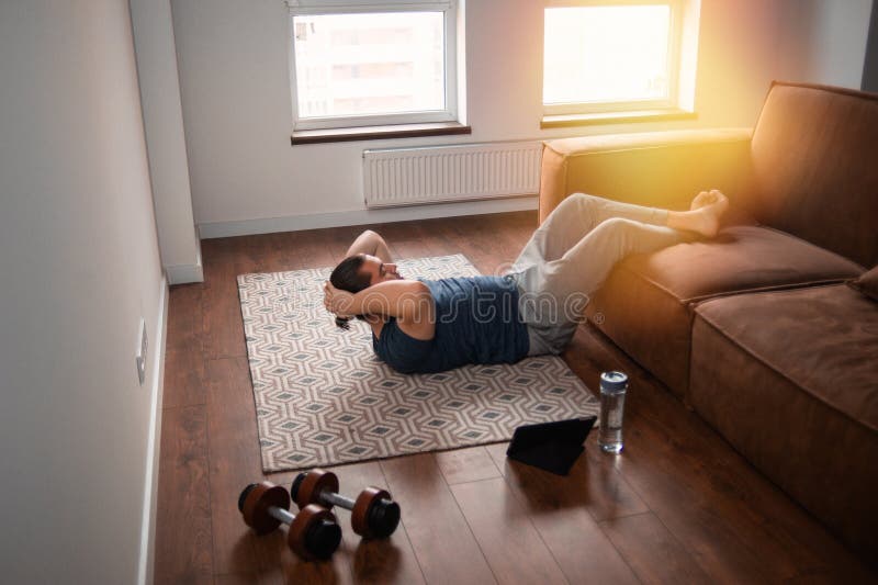 Young Man Working Out Online at Home Stock Image - Image of training ...
