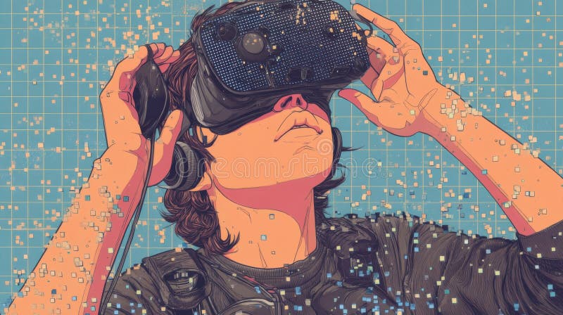 Young Man Explores Virtual Reality Experience in a Digital Landscape ...