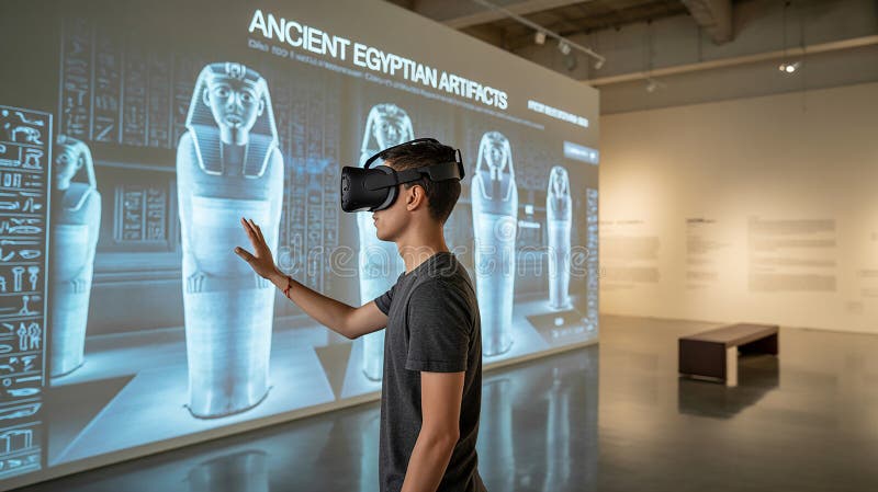 Young Man Exploring Ancient Egyptian Artifacts Vr Stock Illustration ...