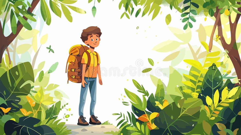 Young Man Exploring Deep Forest Adventure Vector Illustration Stock ...