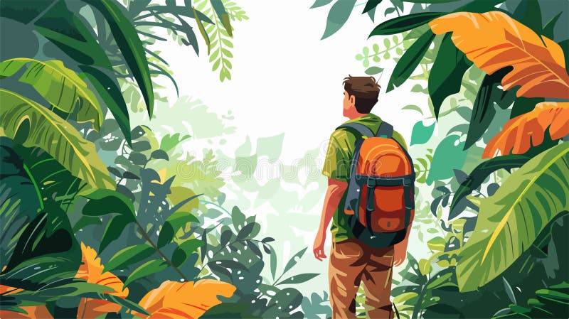 Young Man Exploring Deep Forest Adventure Vector Illustration Stock ...