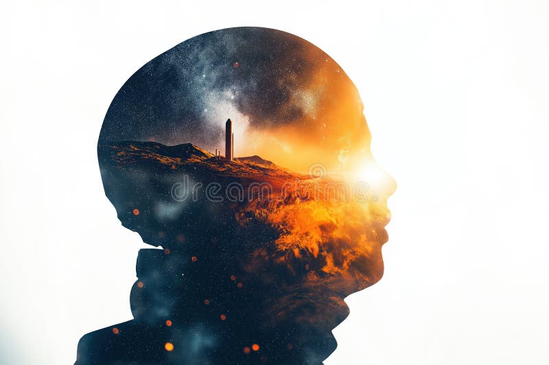 Young Man Exploring the Universe with Spacecraft Taking Off from Earth ...