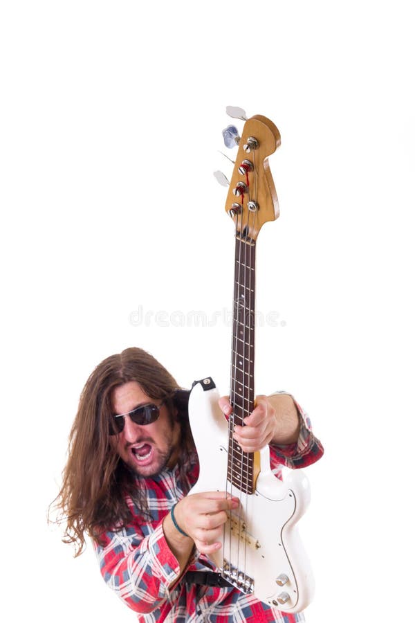 Young Man with Face Expression Playing Electric Bass Guitar Stock Photo ...