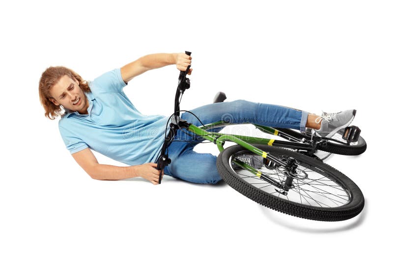 Young Man Falling Off His Bicycle on White Stock Image - Image of ...