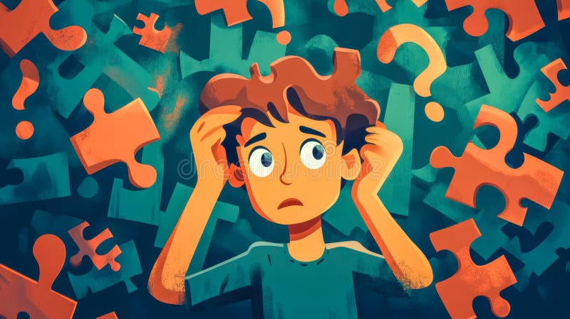 Young Man Feeling Lost Surrounded by Puzzle Pieces and Question Marks ...