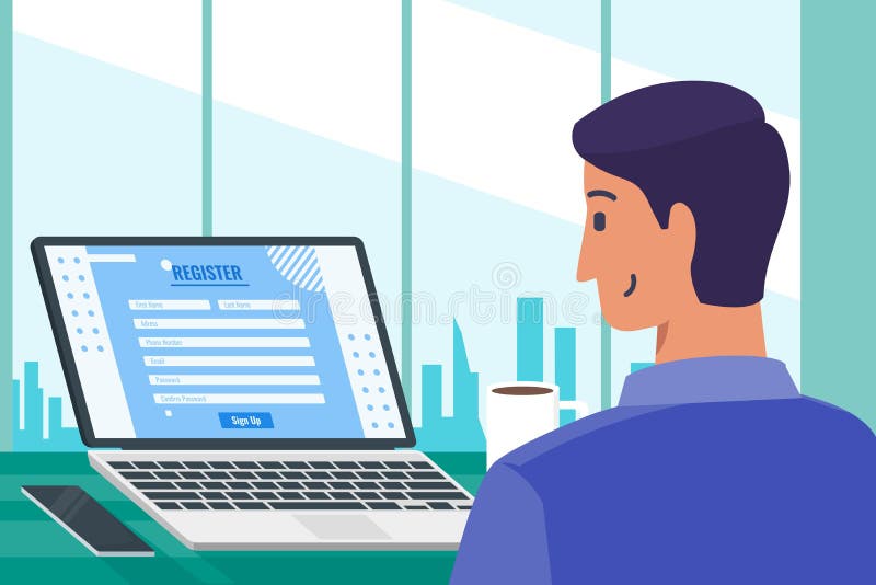 Young Man Filling in Online Registration Form Stock Vector ...