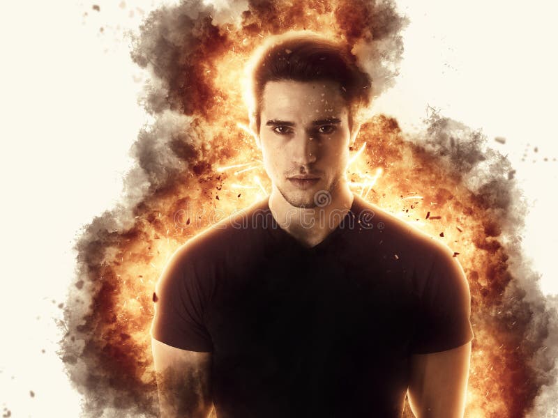 Young Man with Fire Explosion or Flame Burst Behind Him Stock Image ...