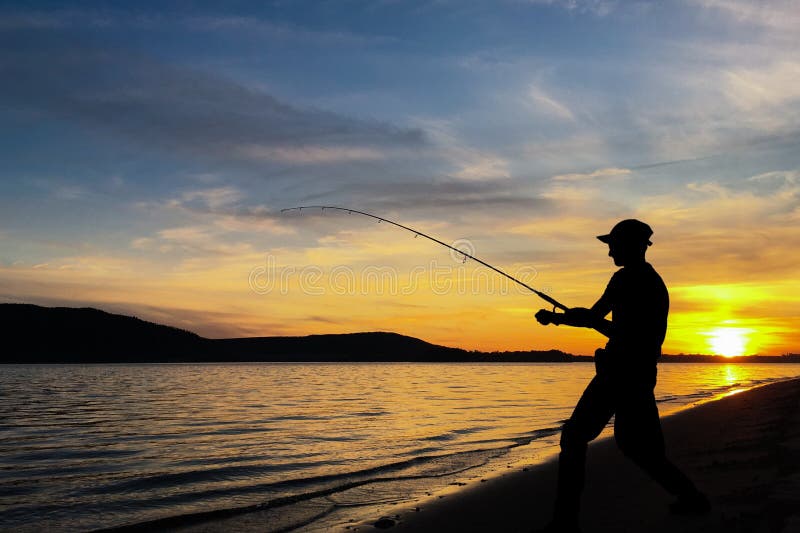 Young Man Fishing at Sunset Stock Image - Image of angler, late: 100114461
