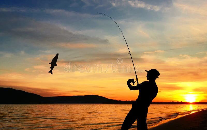 Young Man Fishing at Sunset Stock Image - Image of casting, dark: 103013153