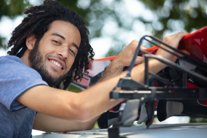 Young Man Fitting Roof Rack Car Stock Image - Image of reflect ...
